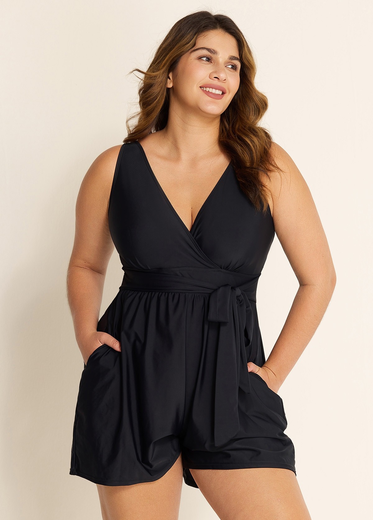 LILYEASE Plus Size Black Pocket Lace Up 1 Piece Bathing Suits One Piece ...