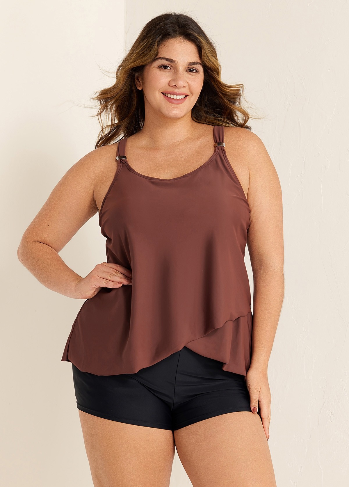 Lilyease Brown Flowy Layered Tankini Top Plus Size Two Piece Swimsuit ...