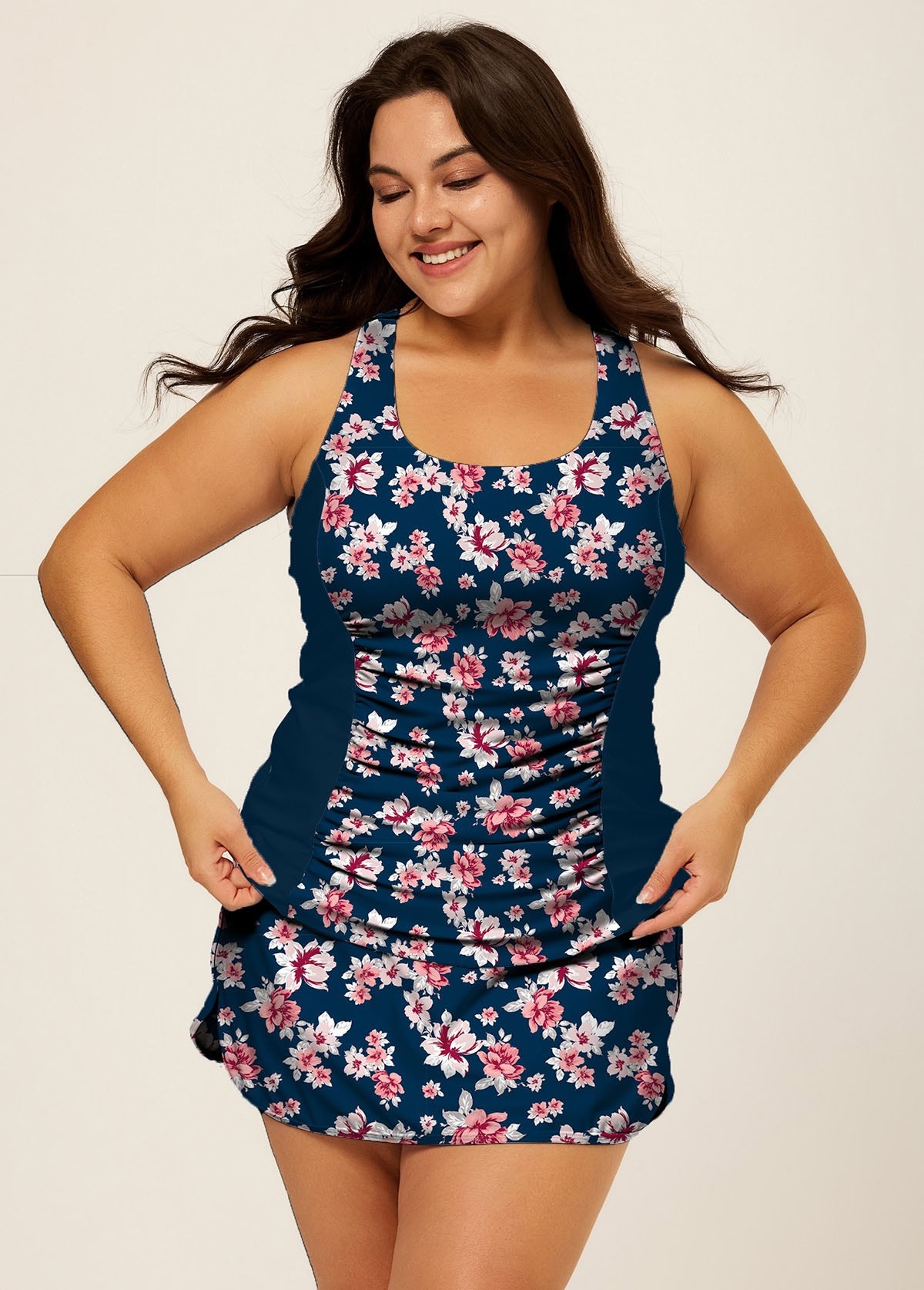 Navy Floral Print Square Neck Women Classy Racerback Tankini Set - Lilyease