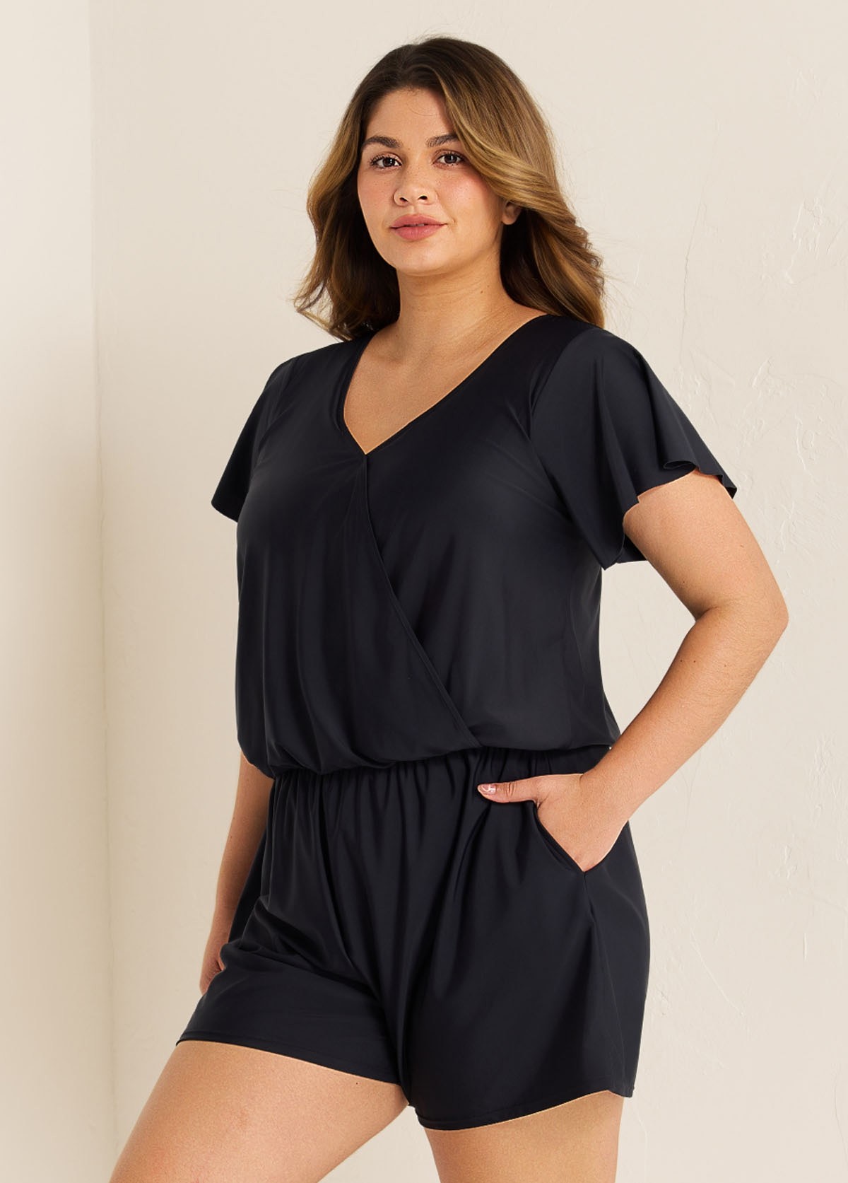 Lilyease Black Short Sleeves Pocket Curvy 1 Piece Bathing Suits Romper ...