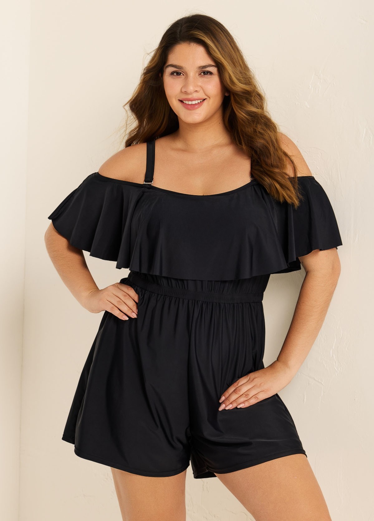LilyEase Plus Size Black Off The Shoulder Ruffles 1 Piece Bathing Suits ...