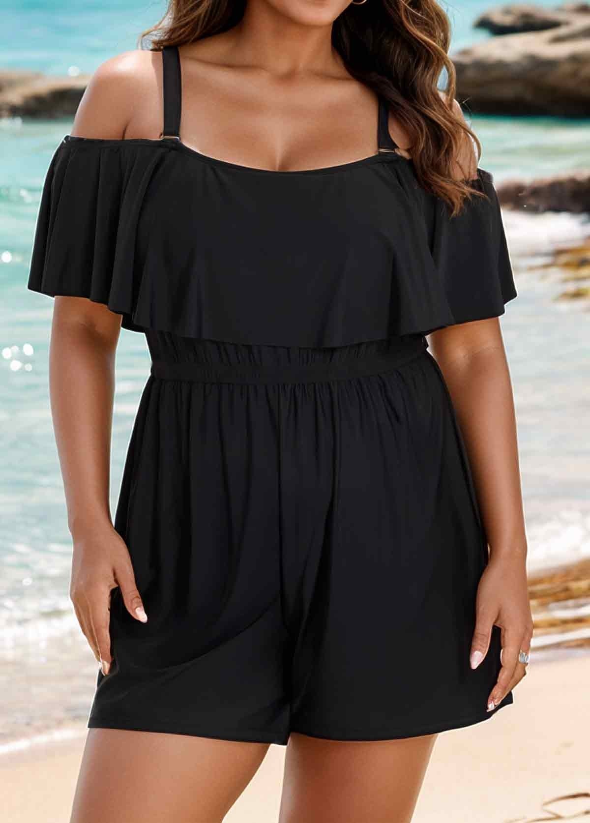 Plus Size Black Off The Shoulder Ruffles 1 Piece Bathing Suits Romper ...