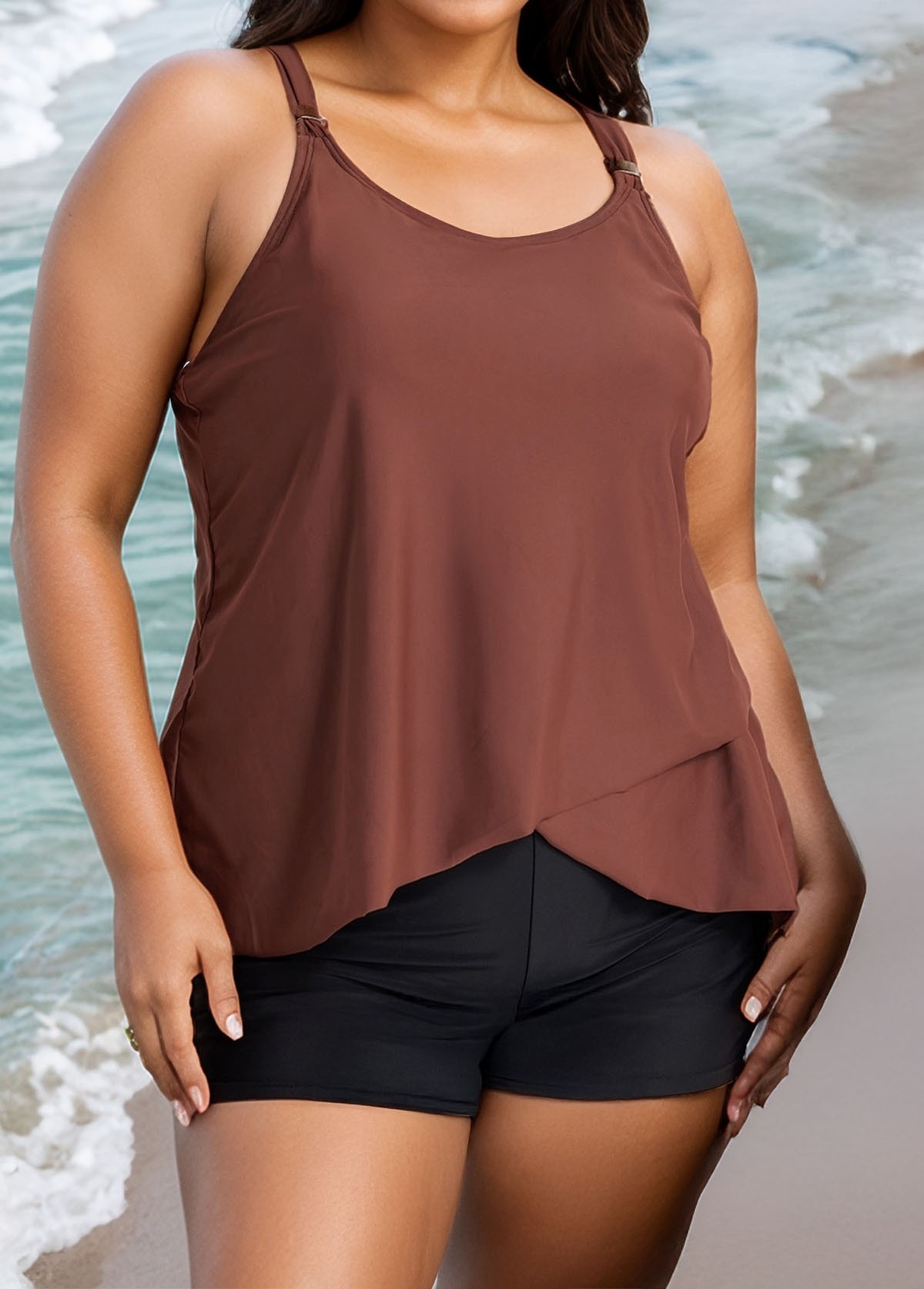 Lilyease Brown Flowy Layered Tankini Top Plus Size Two Piece Swimsuit ...