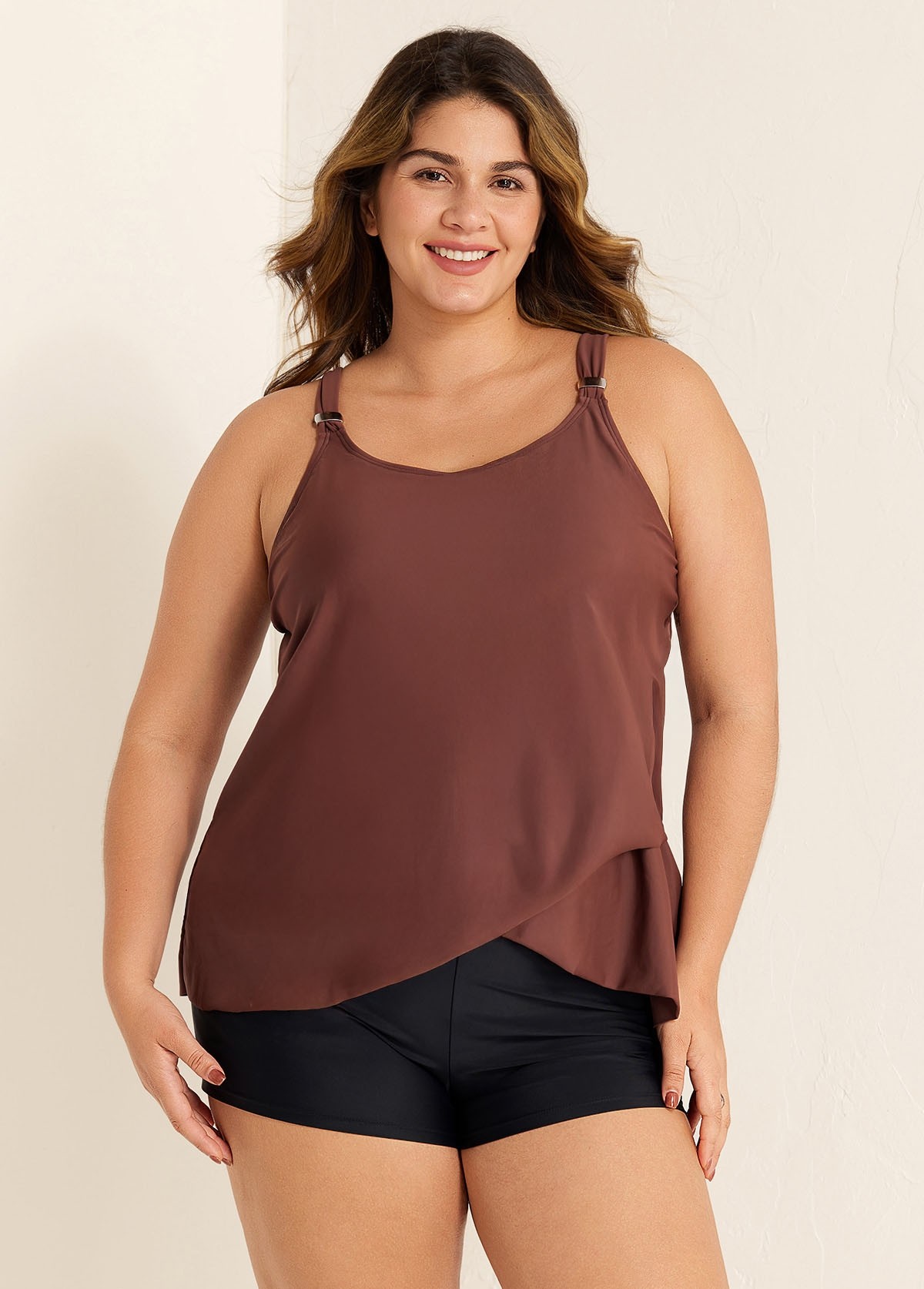 Lilyease Brown Flowy Layered Tankini Top Plus Size Two Piece Swimsuit ...
