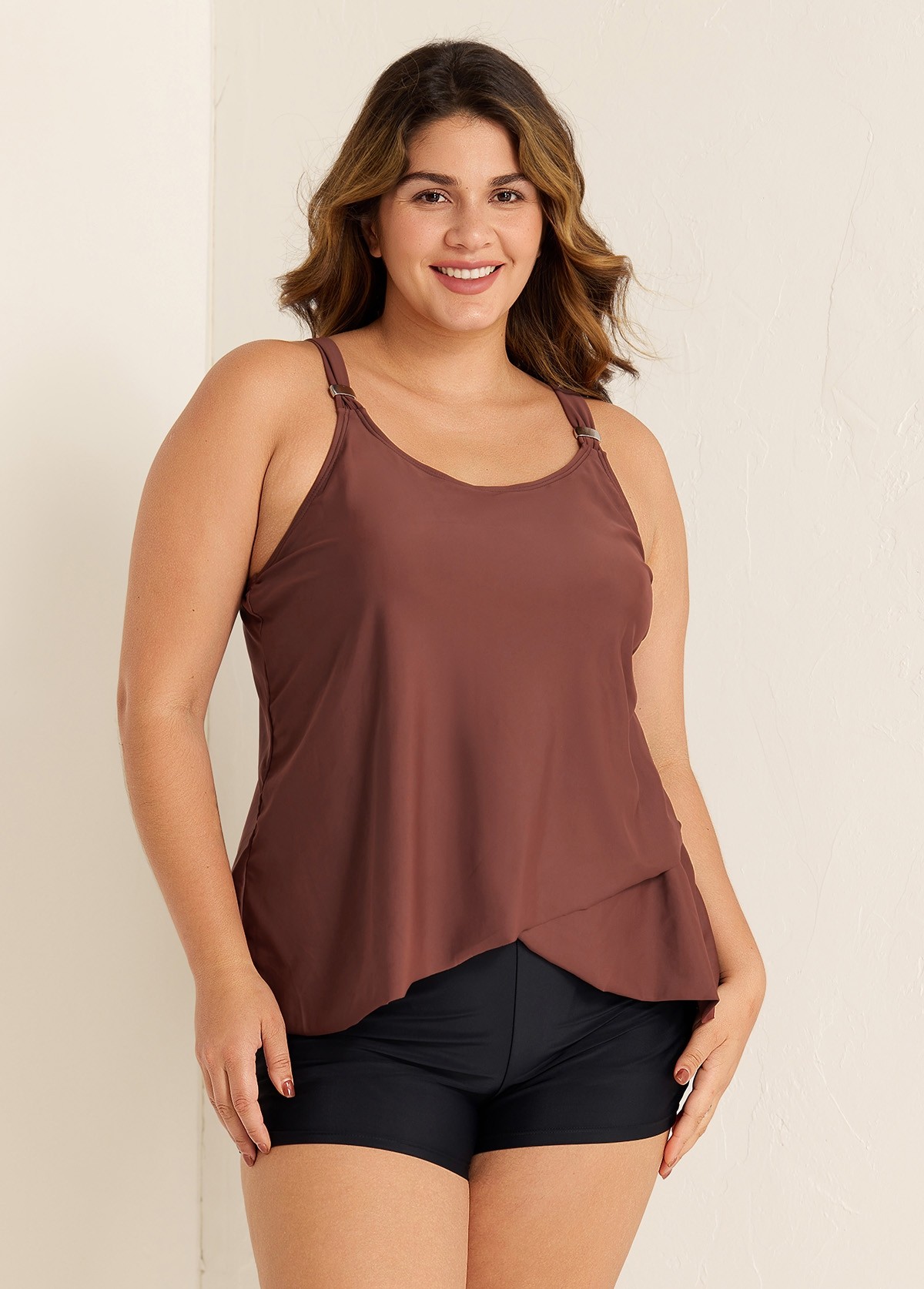 Lilyease Brown Flowy Layered Tankini Top Plus Size Two Piece Swimsuit ...