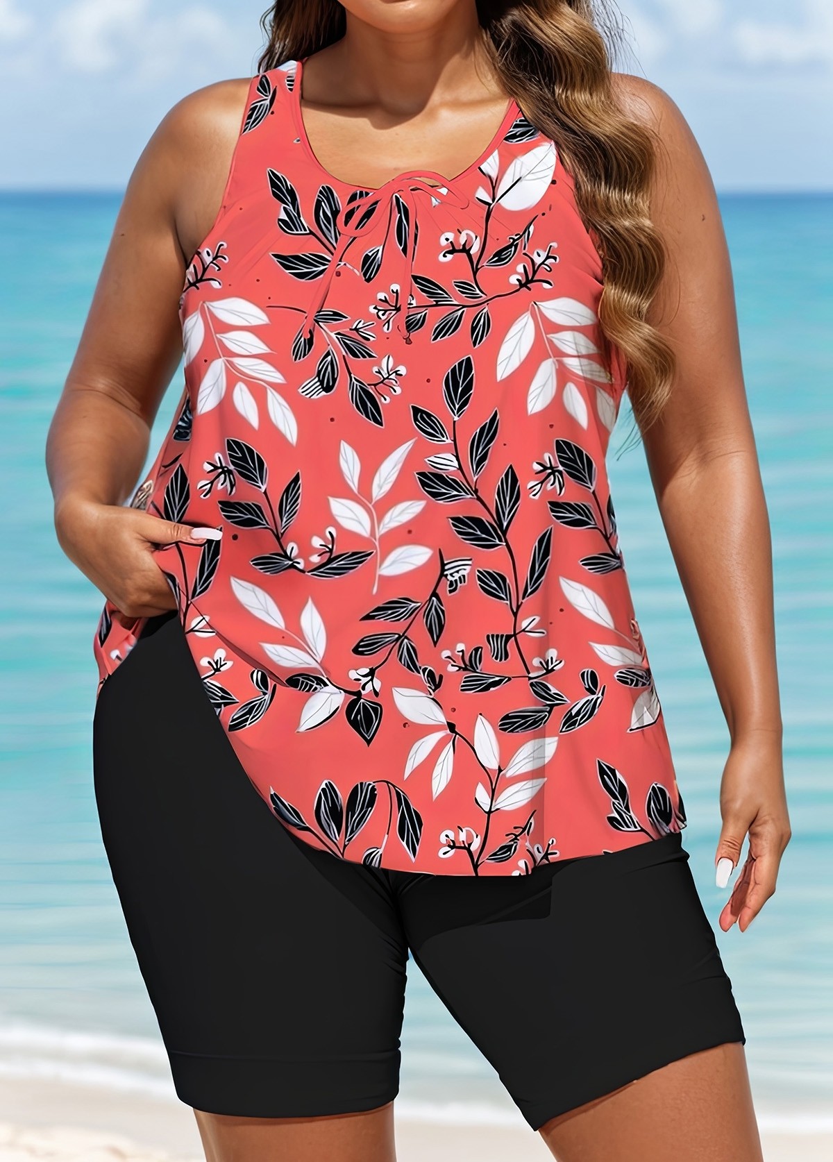 Lilyease Red Leaf Print Best Curvy Modest Tankini Top Swimwear - Lilyease
