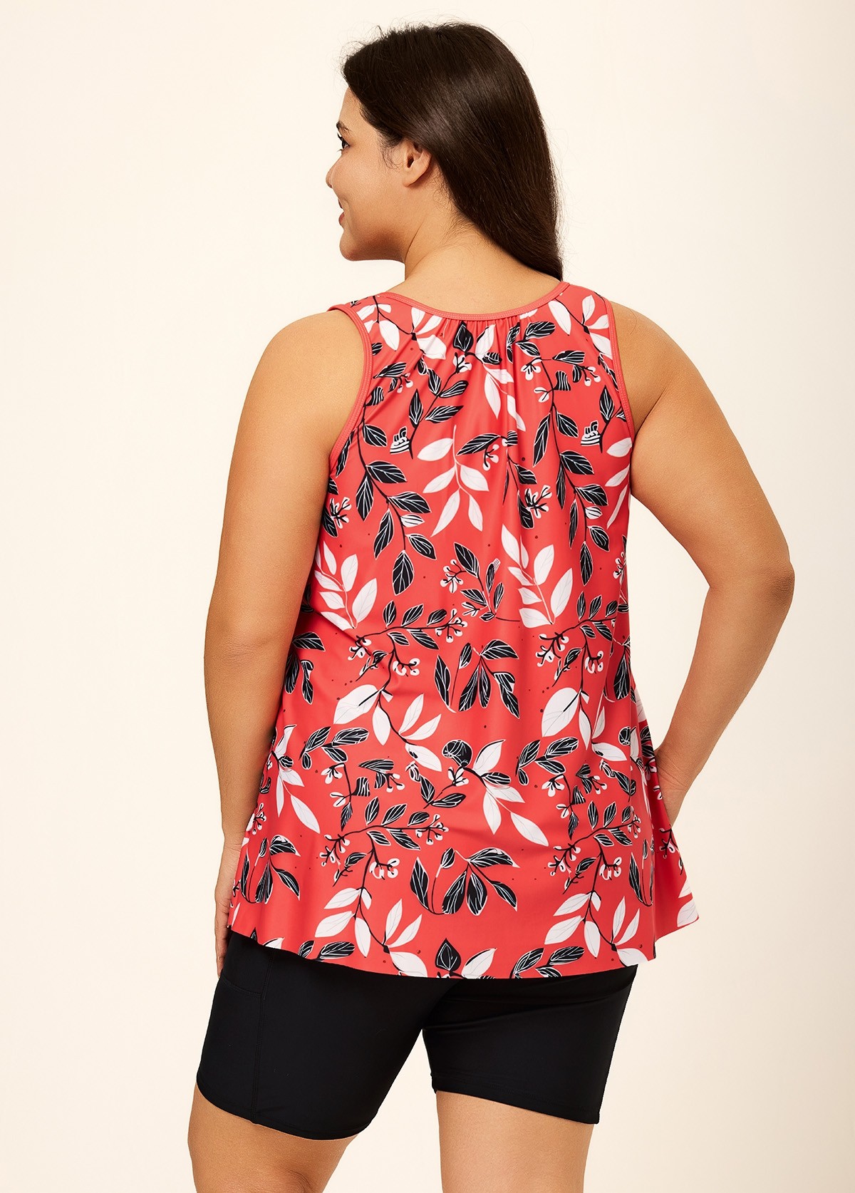 Red Tropical Leaf Print Loose Fit Plus Size Women Tankini Top - Lilyease