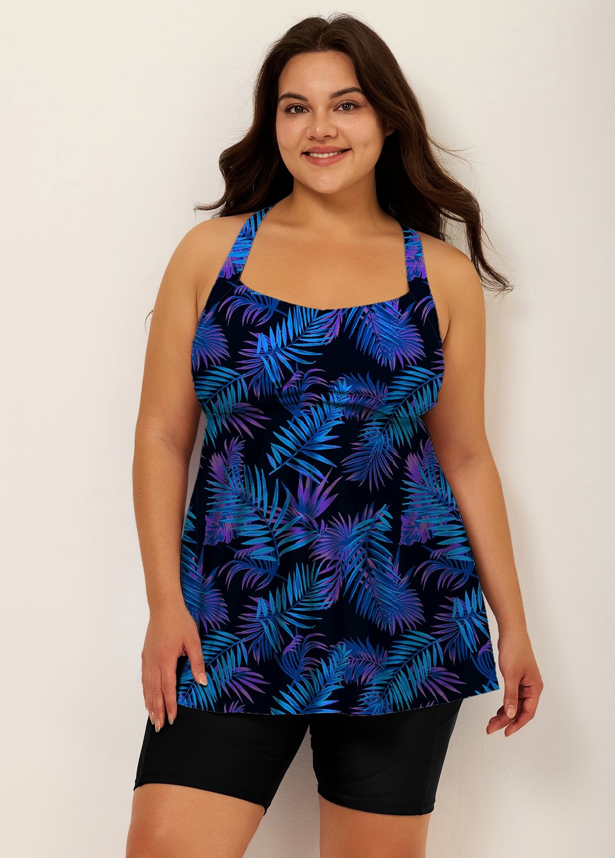 Purple Plants Print Square Neck Flowy Modest Plus Size Tankini Swimsuit ...