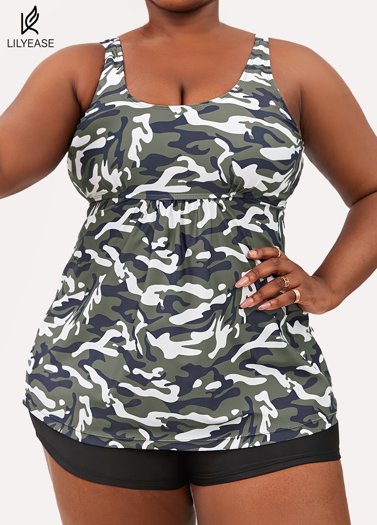Plus Size Camo Scoop Neck Adjustable Straps Women Tankini Set - Lilyease