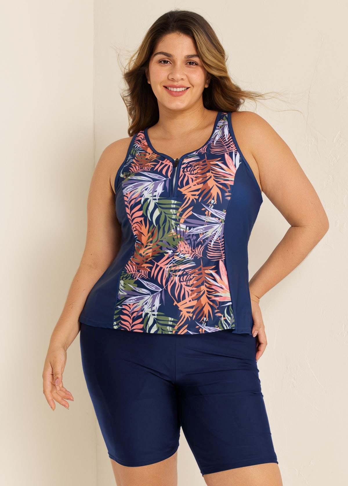 Lilyease Curvy Navy Leaf Print Zipper Swimsuit And Swimwear Tankini Top ...