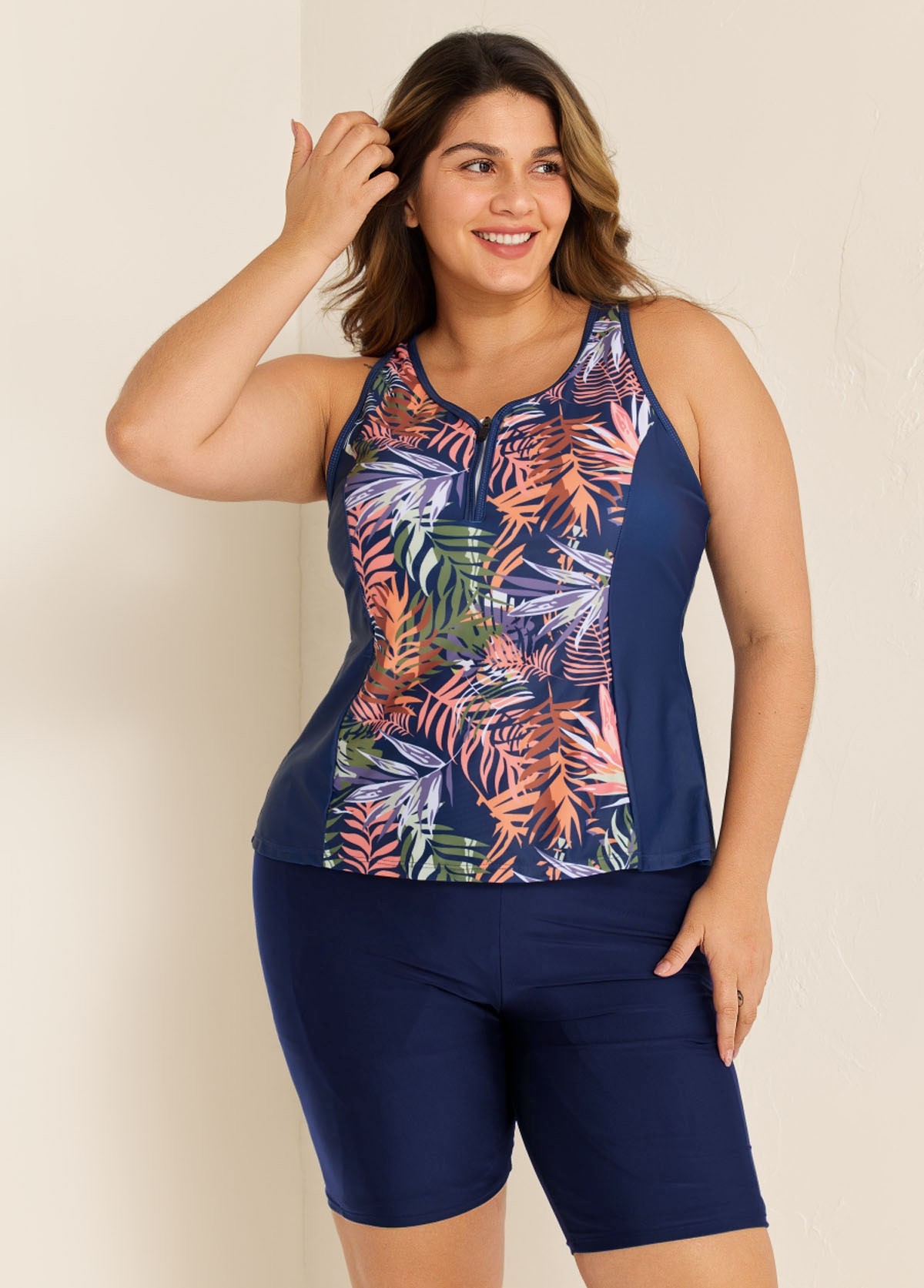 Lilyease Curvy Navy Leaf Print Zipper Swimsuit And Swimwear Tankini Top ...