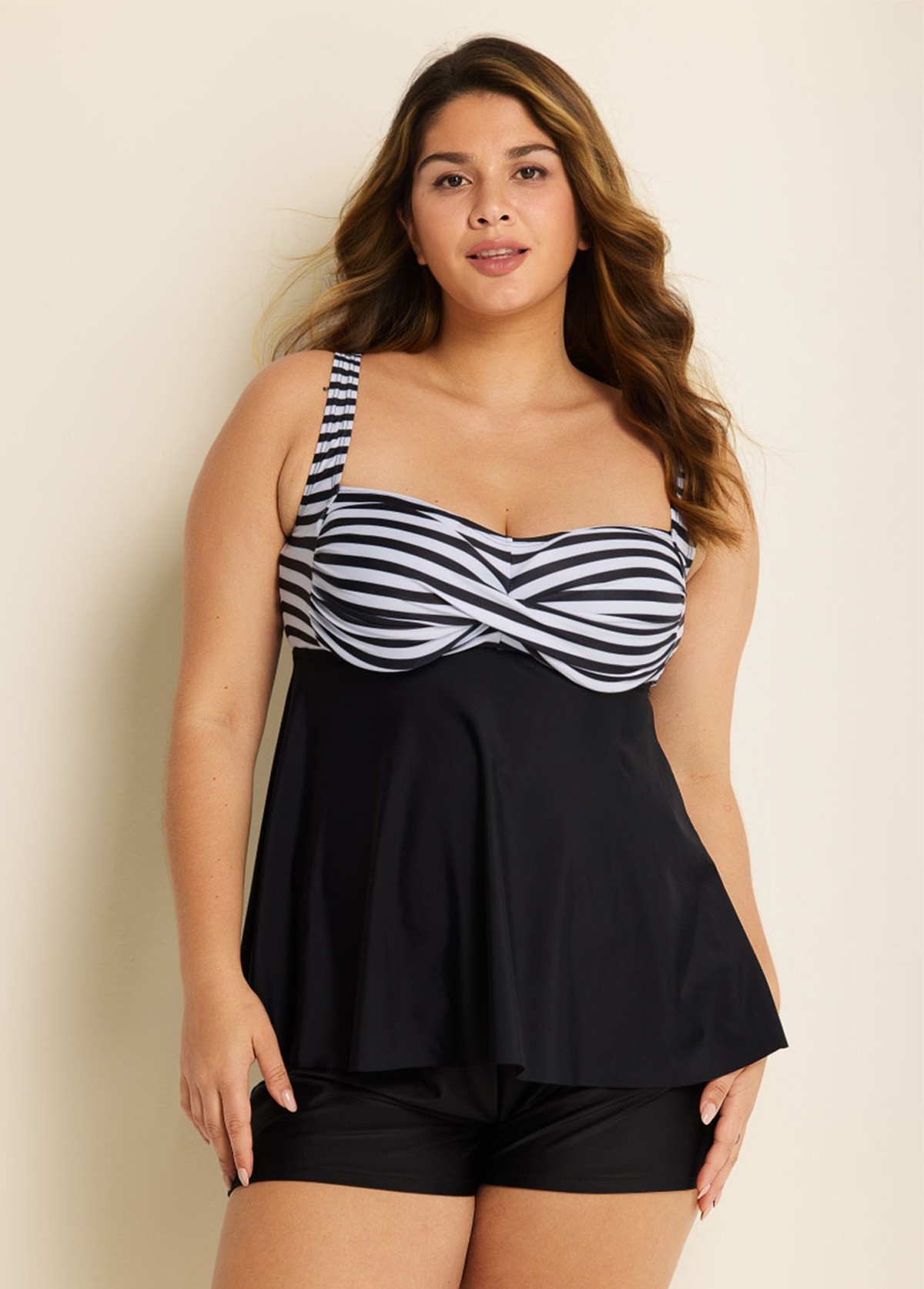 Lilyease Plus Size And Curvy Black Underwire Stripe Twist Front ...