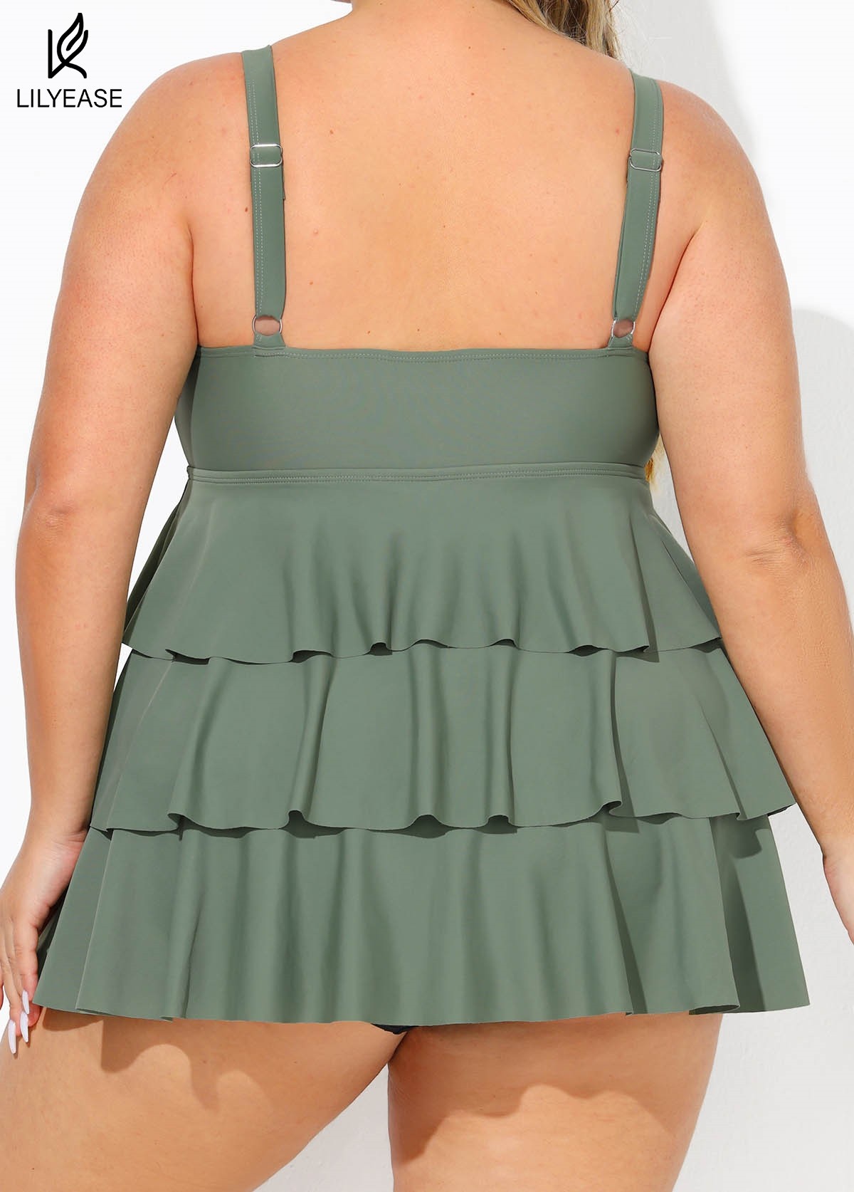 Green Knotted Front Ruffle Tiered Elegant Tankini Top - Lilyease