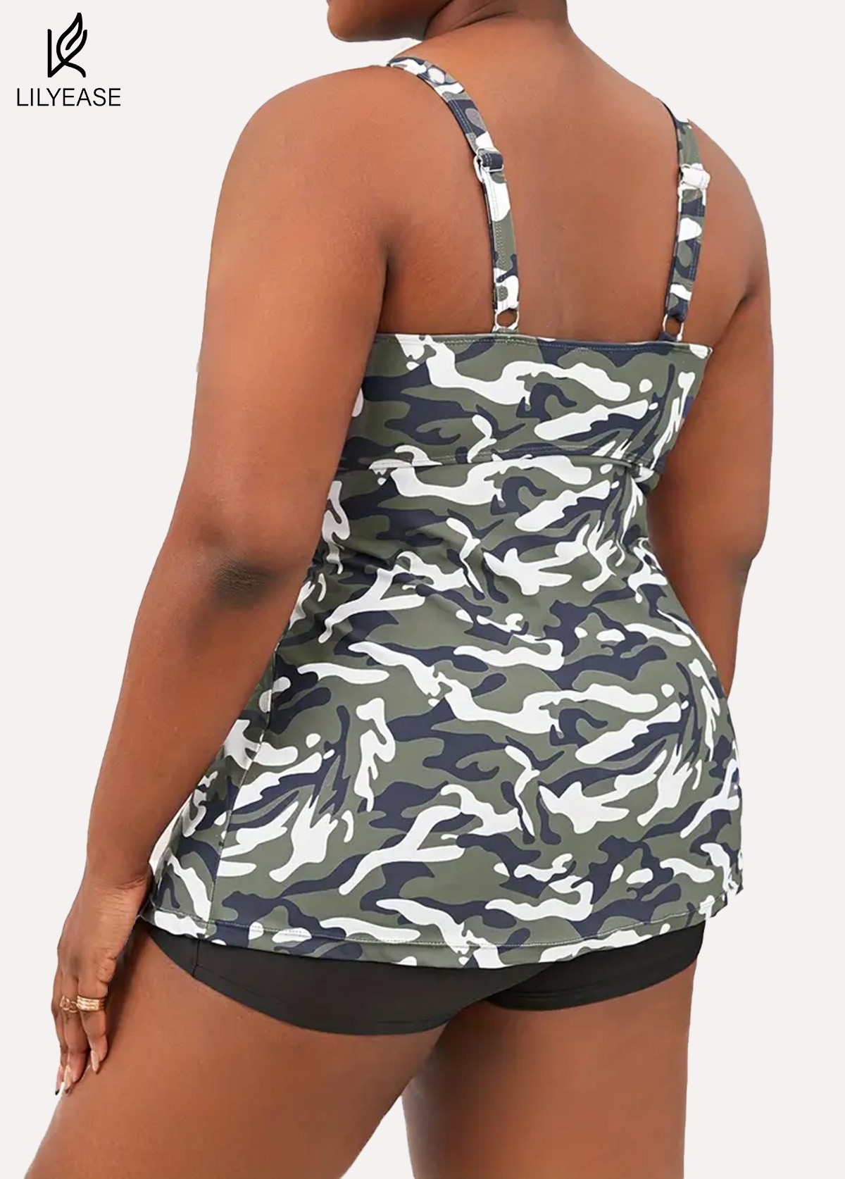 Plus Size Camo Scoop Neck Adjustable Straps Women Tankini Set - Lilyease